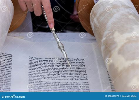 Reading From The Torah Scroll Using A Silver Pointer Or Yad Stock Image