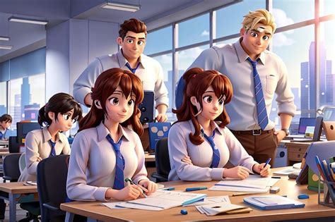 Premium Ai Image Anime Cartoon Characters Working In Office Together