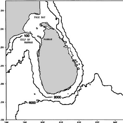 Bottom Topography Of The Ocean Around Sri Lanka Depths Are Given In