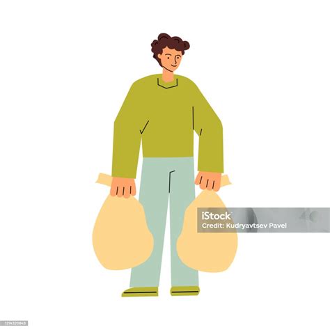 남자 만화 캐릭터 운반 쓰레기 가방 스케치 벡터 일러스트 레이션 격리 가득 찬에 대한 스톡 벡터 아트 및 기타 이미지 가득 찬 가방 가을 Istock