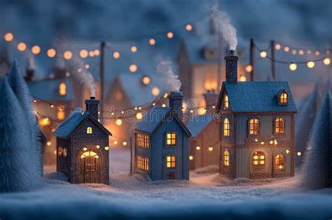 A Snowy Village Scene With Glowing Windows Smoke Rising From Chimneys