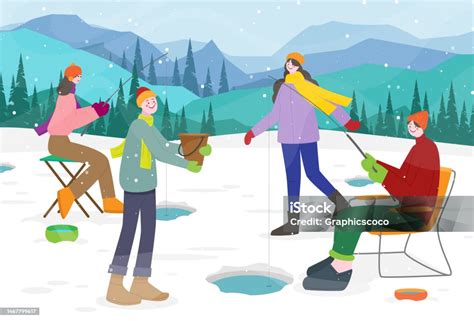 겨울 모자를 쓰고 눈 속에서 스카프 폴 낚시를 하는 얼음 낚시 사람들 겨울에는 어부들 얼음 낚시 활동 걷기에 대한 스톡 벡터