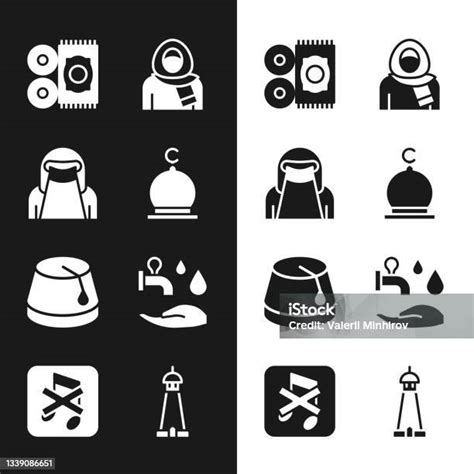 세트 이슬람 모스크 니카브 전통 카펫 히잡 터키 모자 우두 타워 또는 미나레와 스피커 음소거 아이콘에서 여성 벡터 0명에 대한