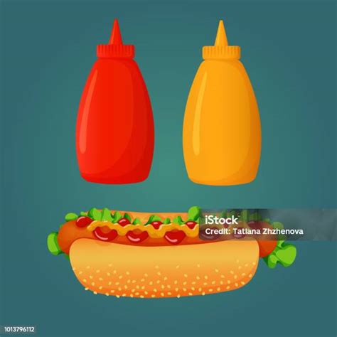패스트 푸드 아이콘입니다 핫도그와 겨자 토마토 케첩 병입니다 가공육에 대한 스톡 벡터 아트 및 기타 이미지 가공육 개체 그룹 건강에 좋지 않은 음식 Istock