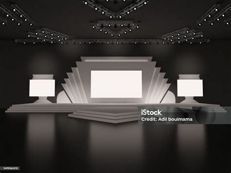 계단 정면이 보이는 이벤트 빈 무대 디자인 프로젝션을 위한 중앙 직사각형 Led 스크린과 양면 Led 및 천장 스포트라이트