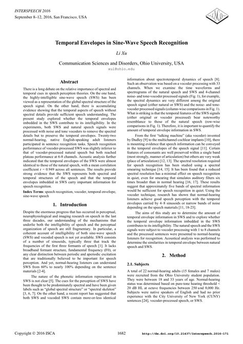 Pdf Temporal Envelopes In Sine Wave Speech Recognition