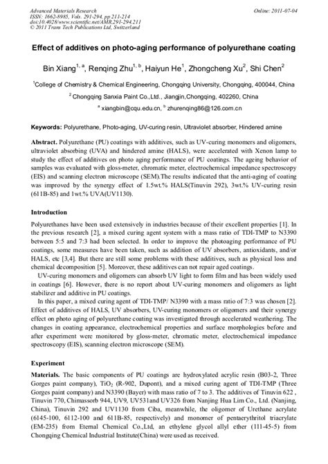 Effect Of Additives On Photo Aging Performance Of Polyurethane Coating Scientificnet