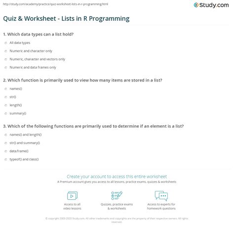 Quiz Worksheet Lists In R Programming Study