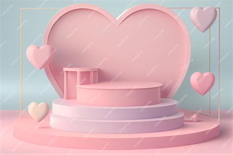 3d 하트가 있는 빈 파스텔 실린더 단상 및 복사 공간 배경 제품 3d 렌더링을 표시하기 위한 받침대 Mockup 공간이 있는 발렌타인 데이 인테리어 프리미엄 사진