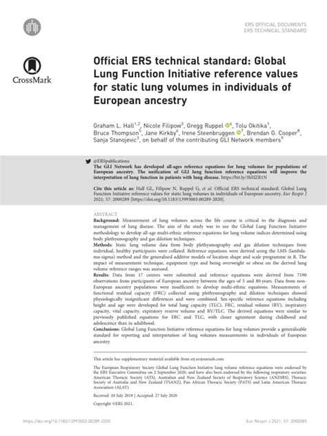 Official Ers Technical Standard Global Lung Function Initiative Reference Values For Static Lung