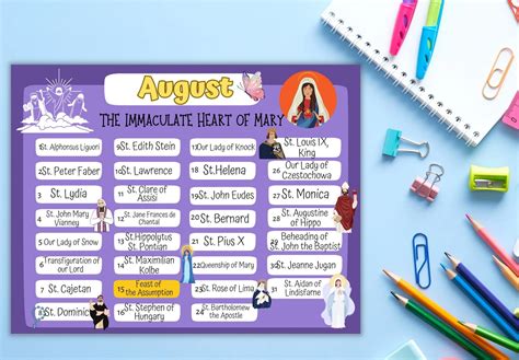 August Saints Feast Day Printable Calendar Assumption St Louis