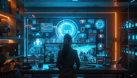 Female Cybersecurity Analyst Monitoring Global Data Network Stock Illustration Illustration Of