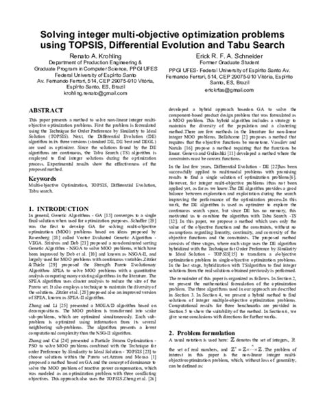 Pdf Integer Multi Objective Optimization With Topsis And De Ts
