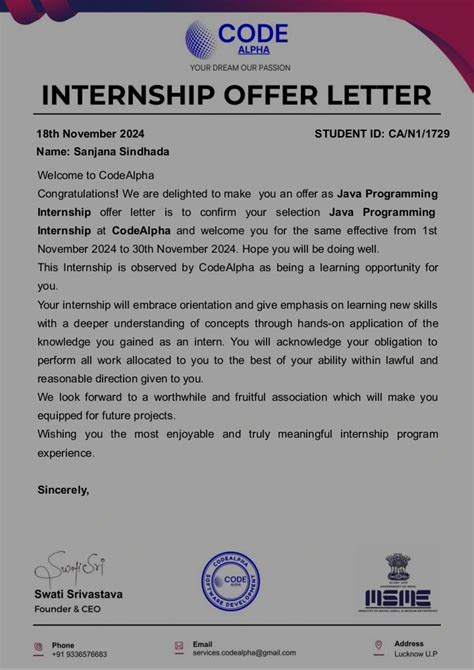 Sanjana Sindhada On Linkedin Internship Javaprogramming Codealpha Learning