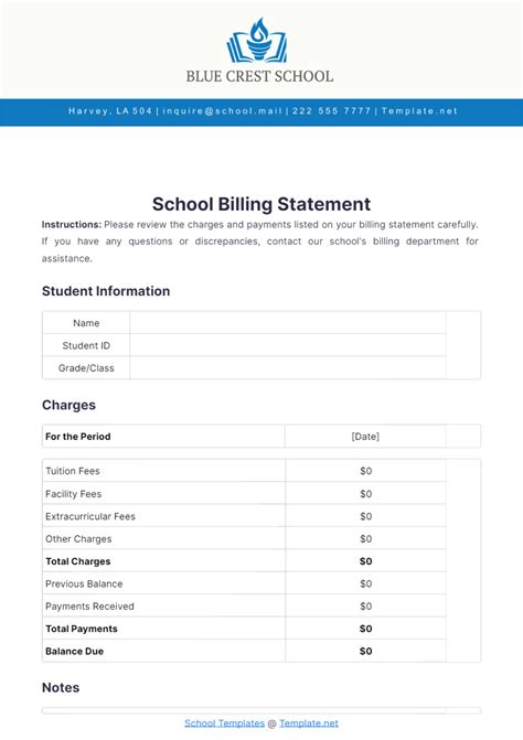 Free School Billing Statement Template To Edit Online