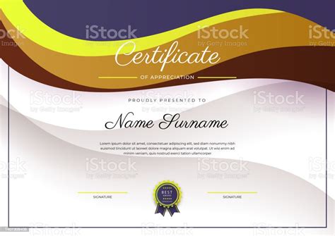 현대 우아한 다채로운 디플로마 인증서 템플릿 고급 배지와 현대적인 라인 패턴이있는 업적 테두리 템플릿 인증서 수상 비즈니스 및 교육 요구 사항 감탄에 대한 스톡 벡터 아트