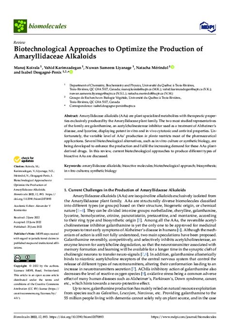 Pdf Biotechnological Approaches To Optimize The Production Of Amaryllidaceae Alkaloids