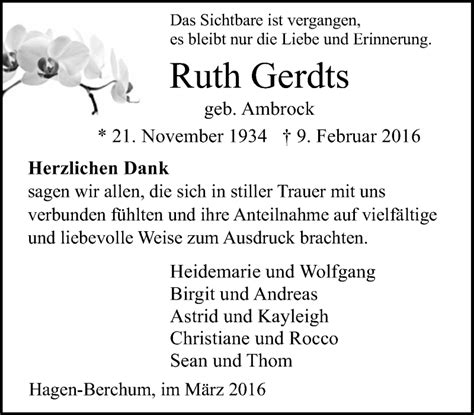Traueranzeigen Von Ruth Gerdts Trauer In Nrw De