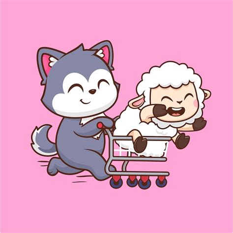 Lindo Perro Husky Y Ovejas Jugando Con El Carrito Ilustración De Icono