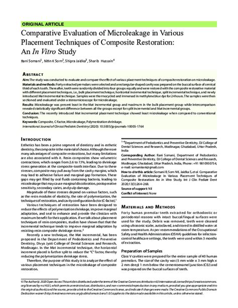 Pdf Comparative Evaluation Of Microleakage In Various Placement Techniques Of Composite