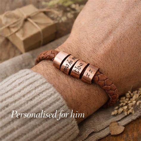 Personalised Woven Leather Bracelet Engraved Copper Scroll Custom