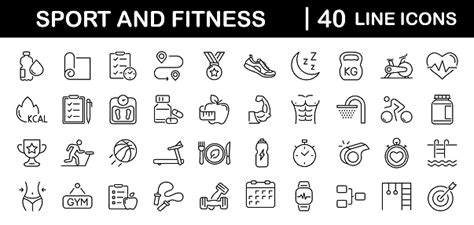 라인 스타일의 웹 아이콘의 스포츠 및 피트니스 세트 체육관 및 건강 관리 건강 한 라이프 스타일 아이콘입니다 영양 및 다이어트 훈련 바디 케어 건강 식품 운동 근육 체중 등