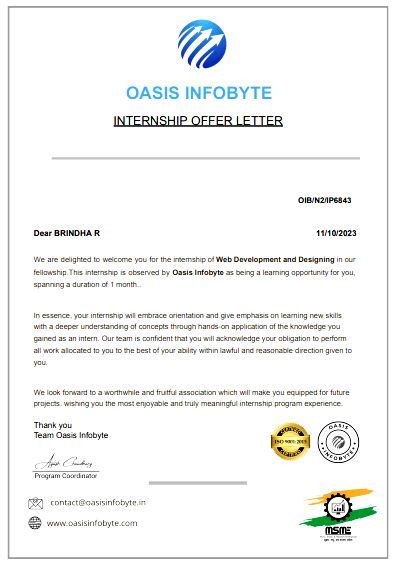 Brindha Raja On Linkedin Webdevelopment Internship Oasisinfobyte