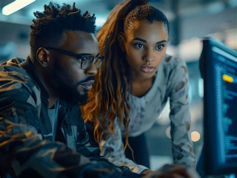 two professionals collaborating on coding tasks in a modern office