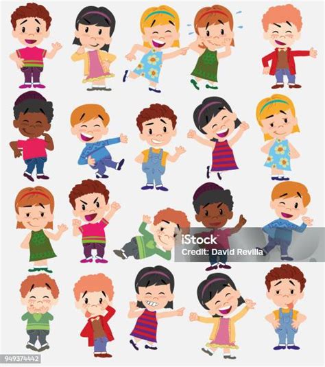 만화 캐릭터 남자와 여자 다른 자세 태도와 포즈 다양 한 활동을 하 고 긍정적인 태도에 항상 설정 합니다 벡터 일러스트 레이 션 교사 교육 관련 직업에 대한 스톡 벡터 아트