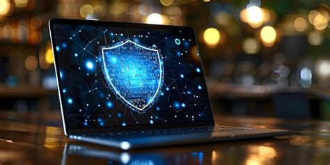 Premium Photo Shieldshaped Blue Laptop Screen Lock For Cyber Security And Data Protection