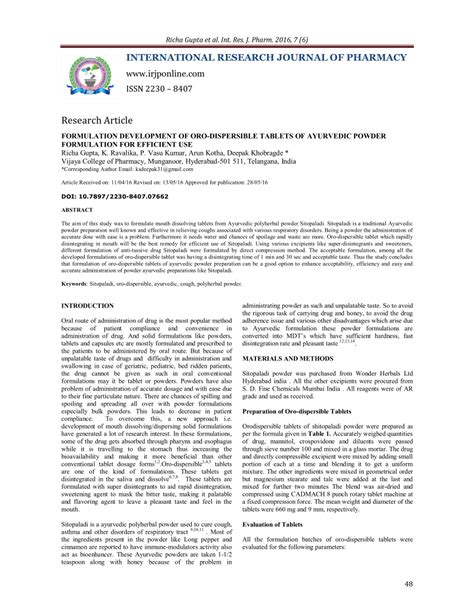 Pdf Formulation Development Of Oro Dispersible Tablets Of Ayurvedic