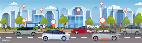 차량 위치에 핀이 있는 자동차 온라인 주문 택시 자동차 공유 개념 이동 교통 카 공유 서비스 현대 도시 거리 도시 풍경 배경 평면 수평 배너 승용차 함께 타기에 대한 스톡