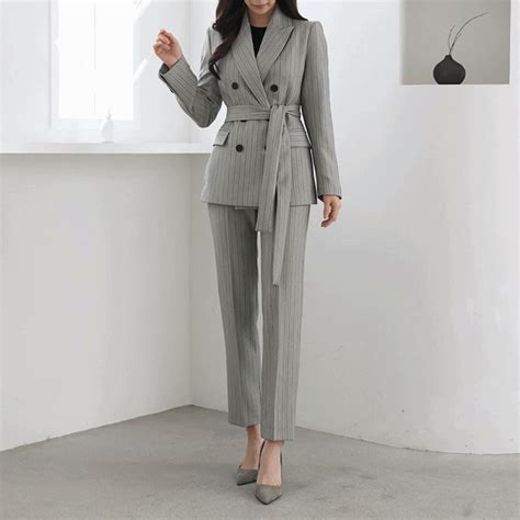 여성 봄가을 오피스룩 스트라이프 정장세트 여자 줄무늬 더블자켓 팬츠 투피스 셋업 수트