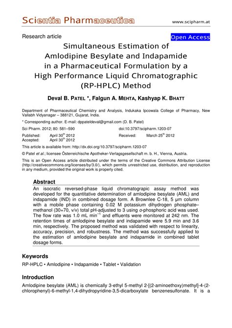 Pdf Simultaneous Estimation Of Amlodipine Besylate And Indapamide In