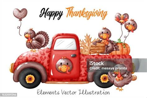 귀여운 픽업 트럭 칠면조 나무 기호 호박 풍선 하트 얼굴 칠면조와 단풍나무 추수감사절 가을 요소 수채화 벡터 파일 클립아트 만화 스타일 배너 포스터 카드 티셔츠 스티커 11