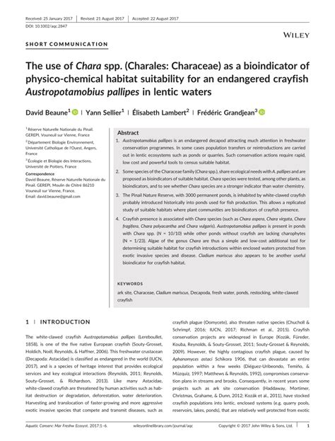 Pdf The Use Of Chara Spp Charales Characeae As A Bioindicator Of