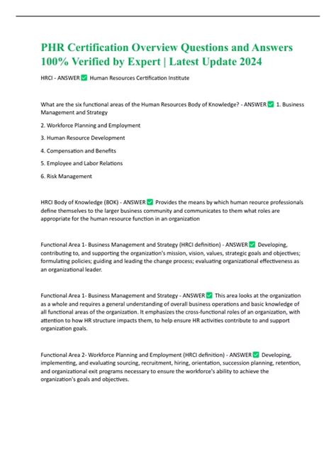 Phr Certification Overview Questions And Answers 100 Verified By Expert Latest Update 2024