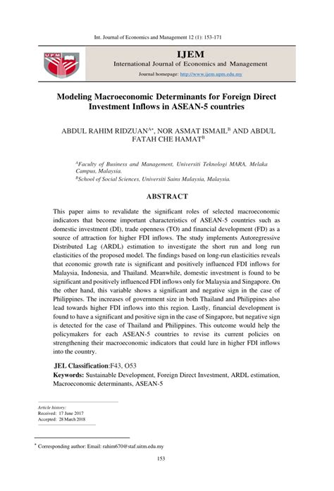 Pdf Modeling Macroeconomic Determinants For Foreign Direct Investment Inflows In Asean 5 Countries