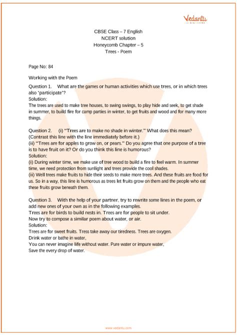 NCERT Solutions For Class 7 English Honeycomb Chapter 5 Poem Trees