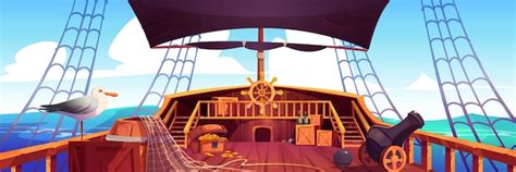 Vieja Vista De La Cubierta Del Barco Pirata Con Volante Vector Gratis
