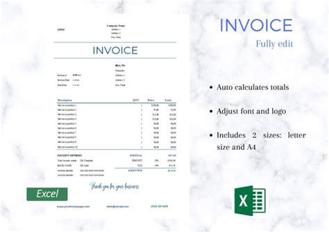 Invoice Template In Excel Simple Invoice Template In Excel Etsy