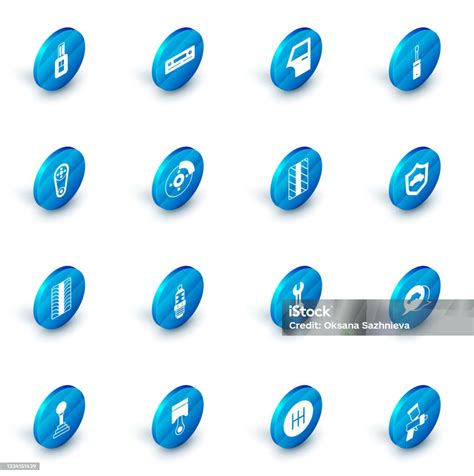 자동차 오디오 도어 스크루드라이버 타이밍 벨트 키트 타이어 휠 캘리퍼 쉴드 및 아이콘이 있는 브레이크 디스크를 설정합니다 벡터 3차원 형태에 대한 스톡 벡터 아트 및 기타