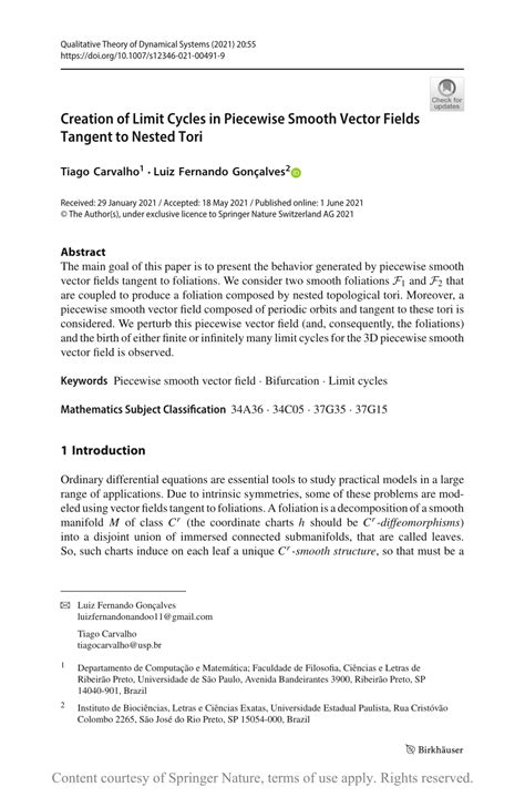 Creation Of Limit Cycles In Piecewise Smooth Vector Fields Tangent To Nested Tori Request Pdf