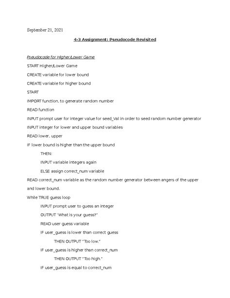 4 3 Assignment Pseudocode Revisited September 21 2021 4 3 Assignment