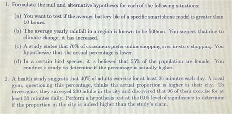 solved 1 formulate the null and alternative hypotheses for