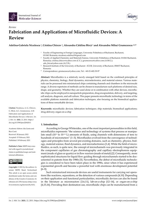 PDF Fabrication And Applications Of Microfluidic Devices A Review