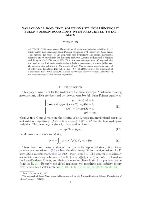 Pdf Variational Rotating Solutions To Non Isentropic Euler Poisson Equations With Prescribed