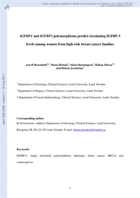 Pdf Igfbp1 And Igfbp3 Polymorphisms Predict Circulating Igfbp 3