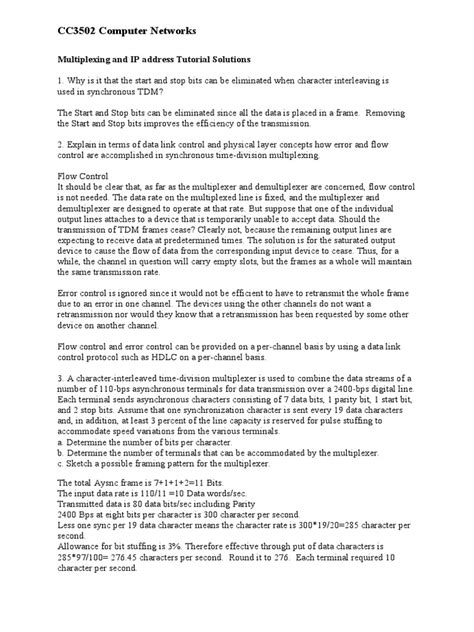 Cc3502 Computer Networks Multiplexing And Ip Address Tutorial Solutions Pdf Ip Address