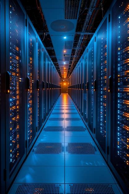 Data Center Corridor With Illuminated Server Racks During Nighttime Premium Ai Generated Image